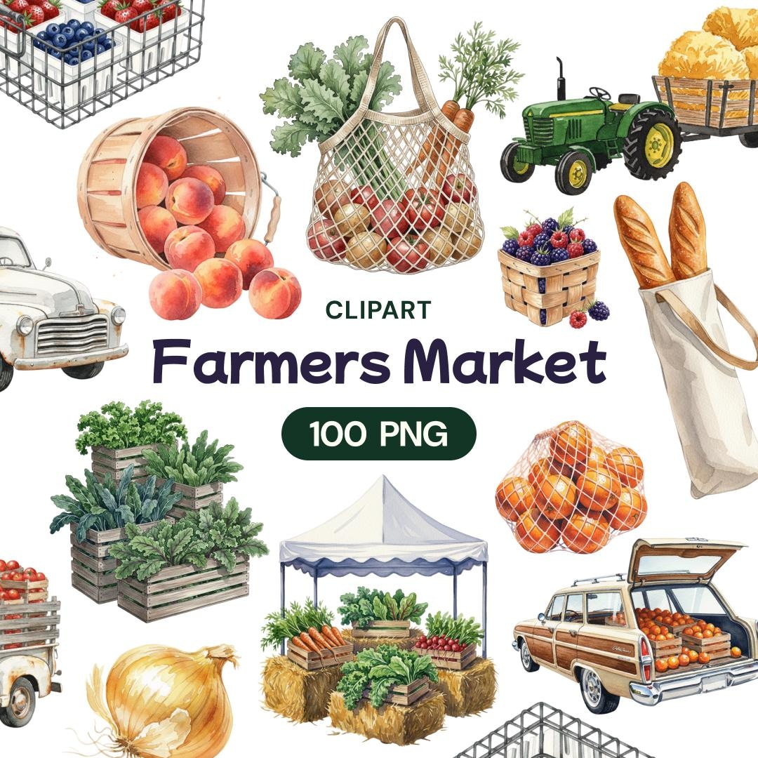 Farmers Market Clipart, Watercolor Vegetable Fruit PNG, Fresh Produce ...
