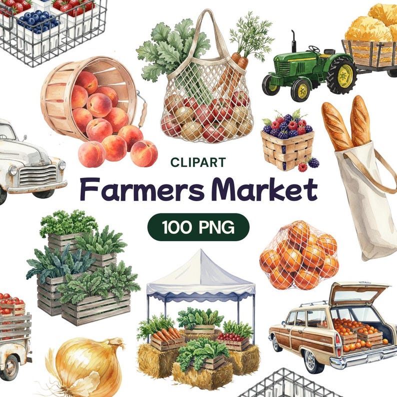 Farmers Market Clipart, Watercolor Vegetable Fruit PNG, Fresh Produce ...