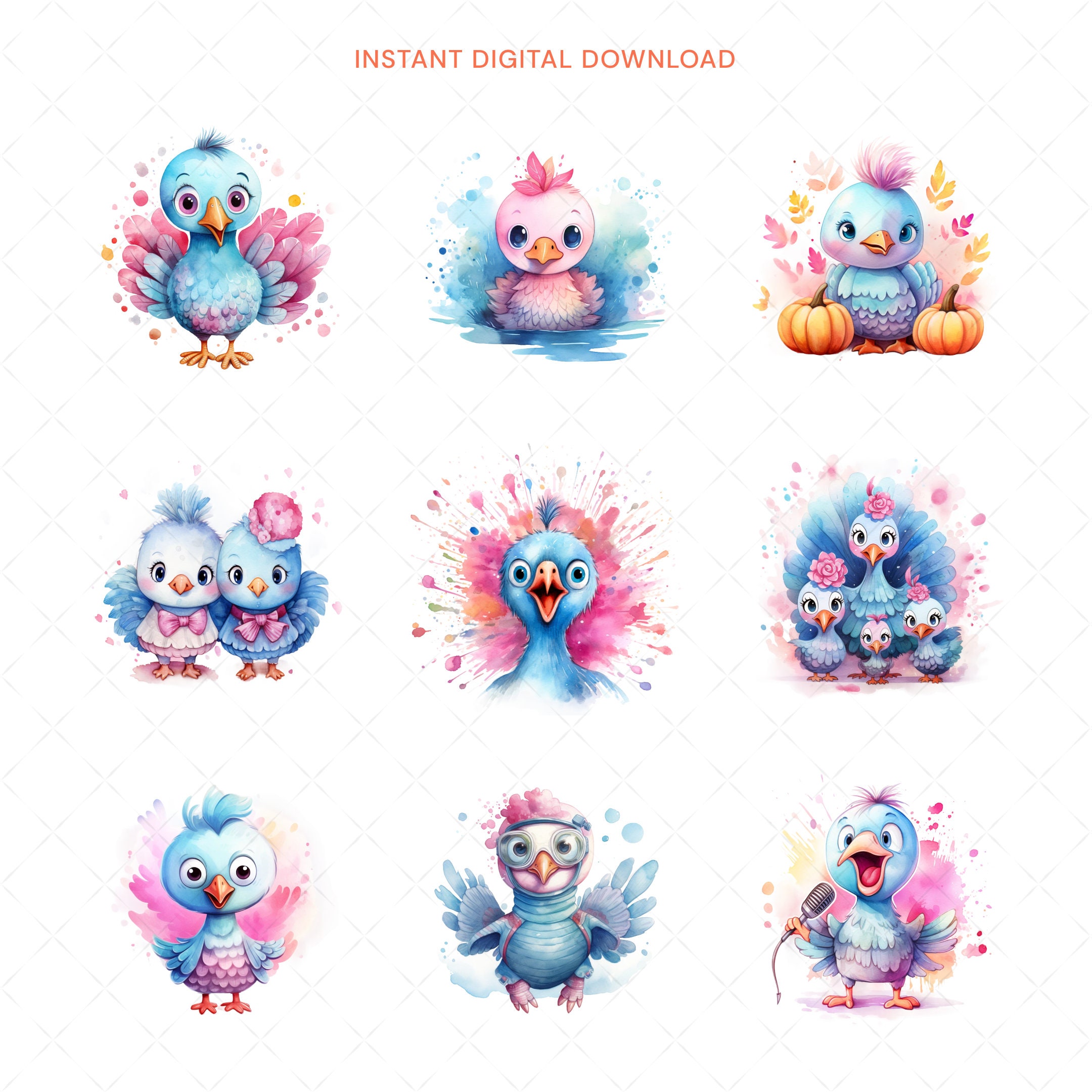 Watercolor Turkey Clipart, Cute Thanksgiving Autumn Feather PNG Bundle ...