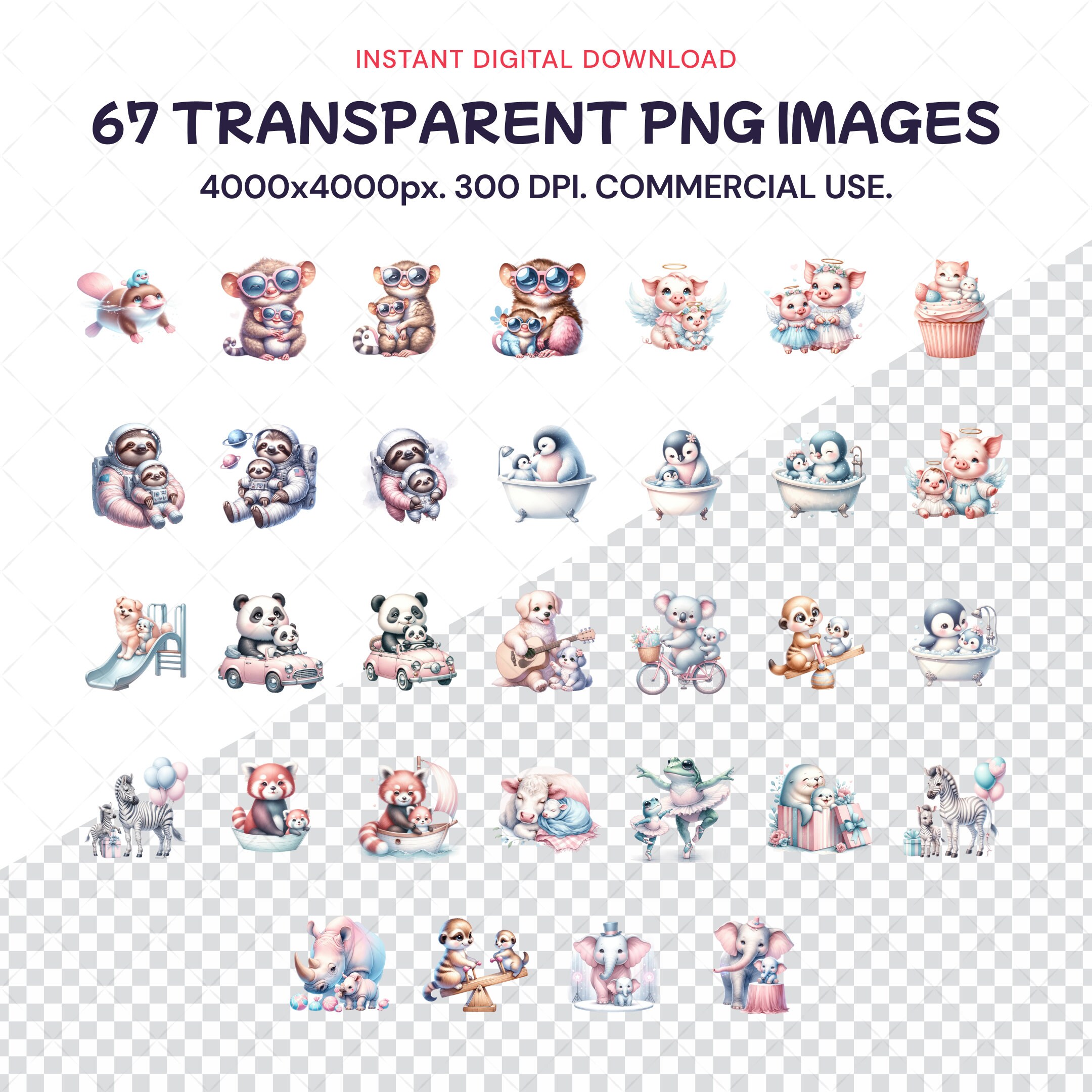 Pastel Mom and Baby Animals Clipart, Cute Watercolor Mother's Day PNG ...