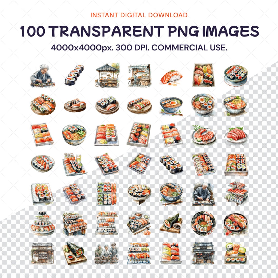 Cute Watercolor Sushi Clipart, Kawaii Japanese Asian Cuisine ...