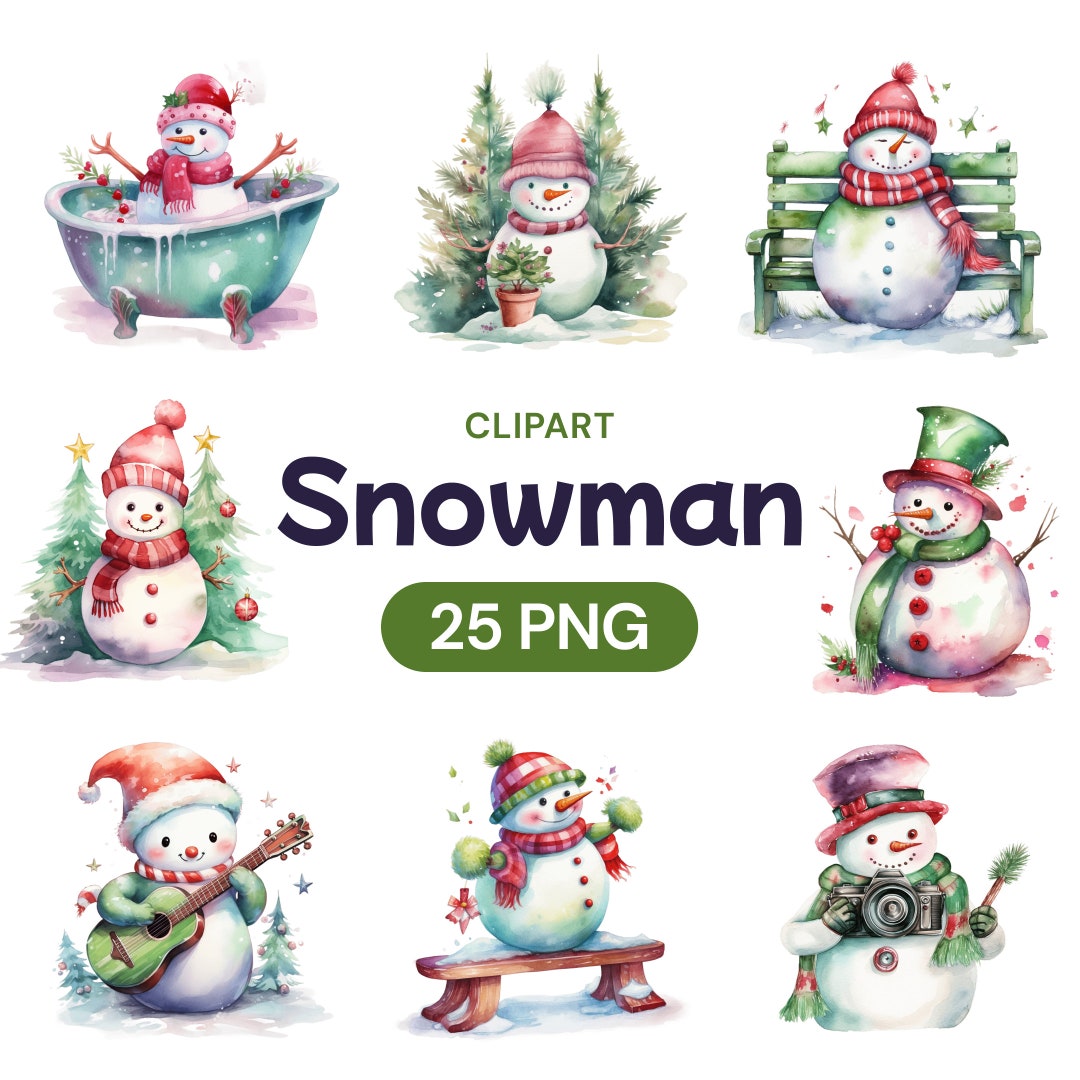 Christmas Snowman Clipart, Cute Winter Watercolor PNG Bundle, Kawaii ...
