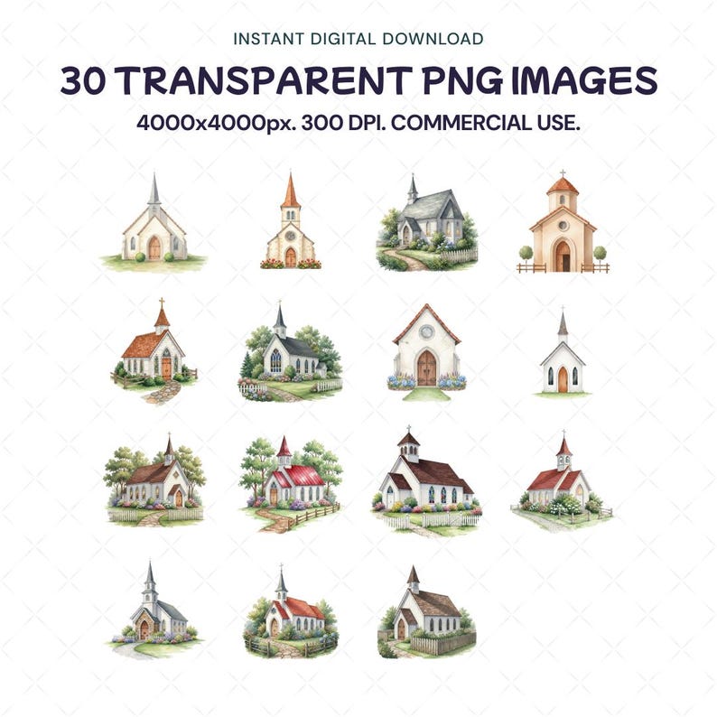 Tiny Church Clipart, 30 Watercolor PNG, Small Country Chapel, Rural ...