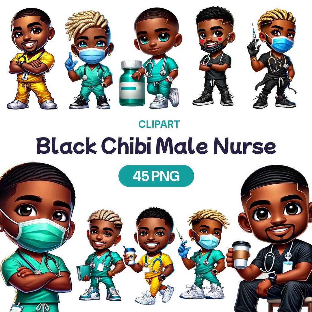 Black Chibi Male Nurse Clipart, Watercolor African American Medical ...