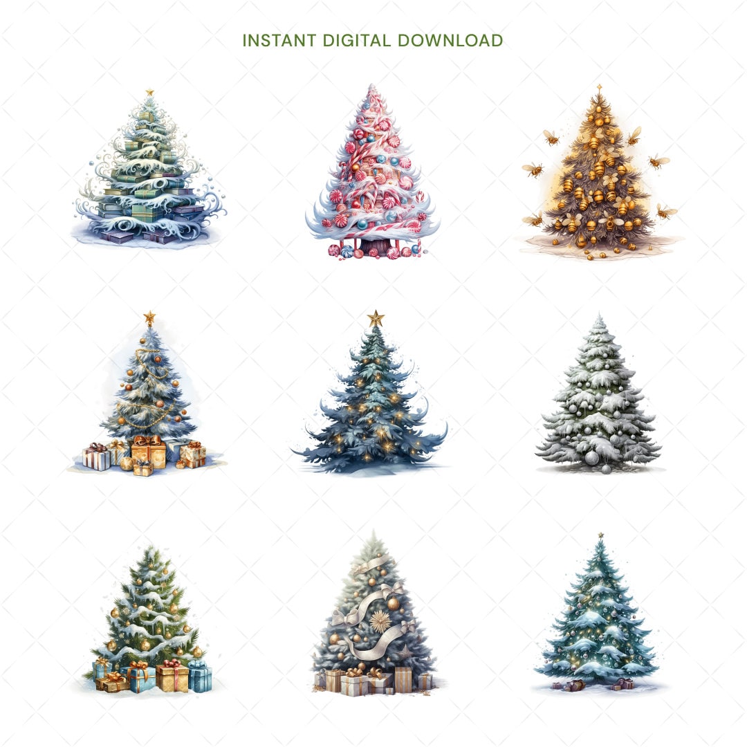 Christmas Trees Clipart, Cute Winter Watercolor PNG Bundle, Kawaii Xmas ...