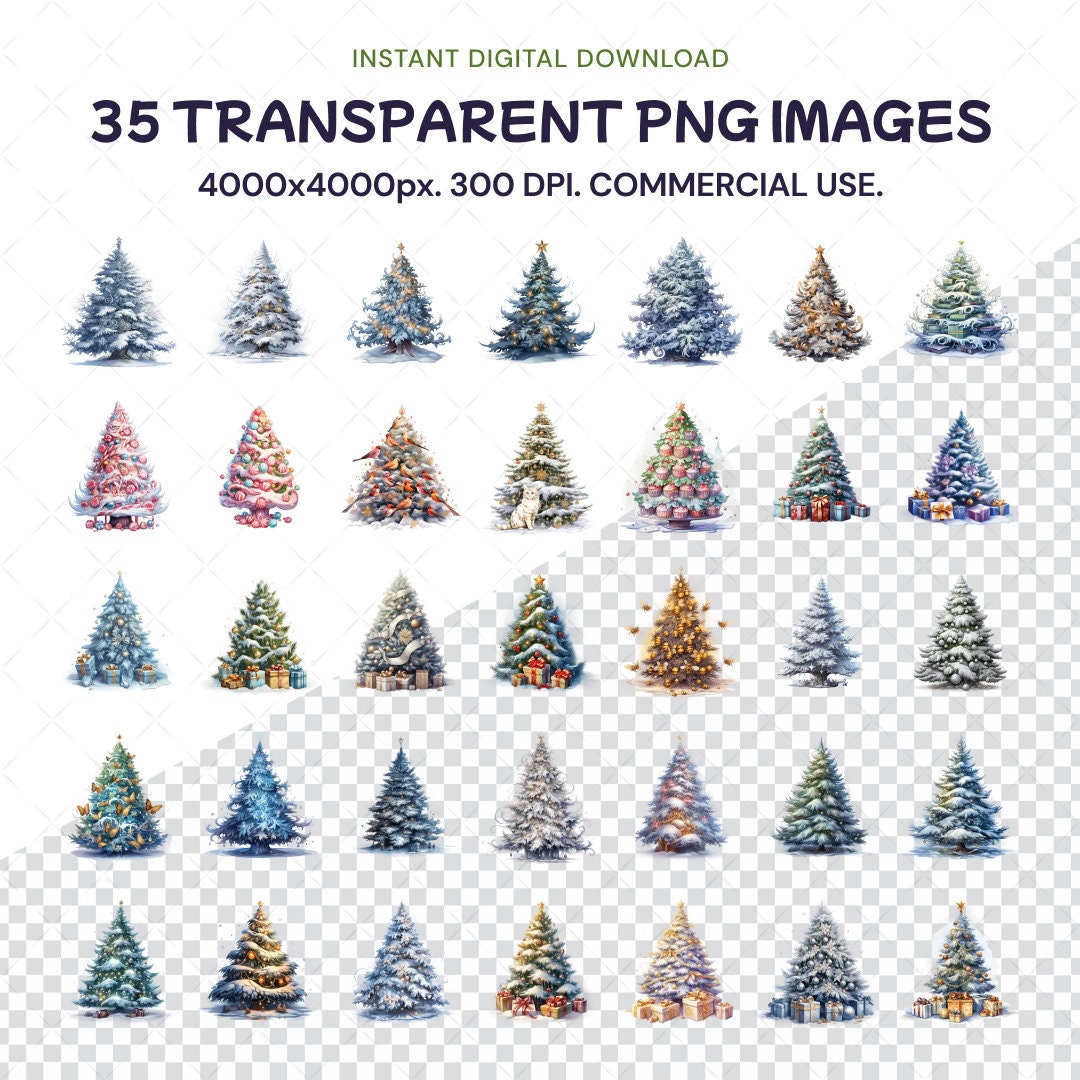 Christmas Trees Clipart, Cute Winter Watercolor PNG Bundle, Kawaii Xmas ...