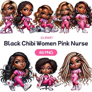 Black Chibi Women Pink Nurse Clipart, Watercolor African American ...