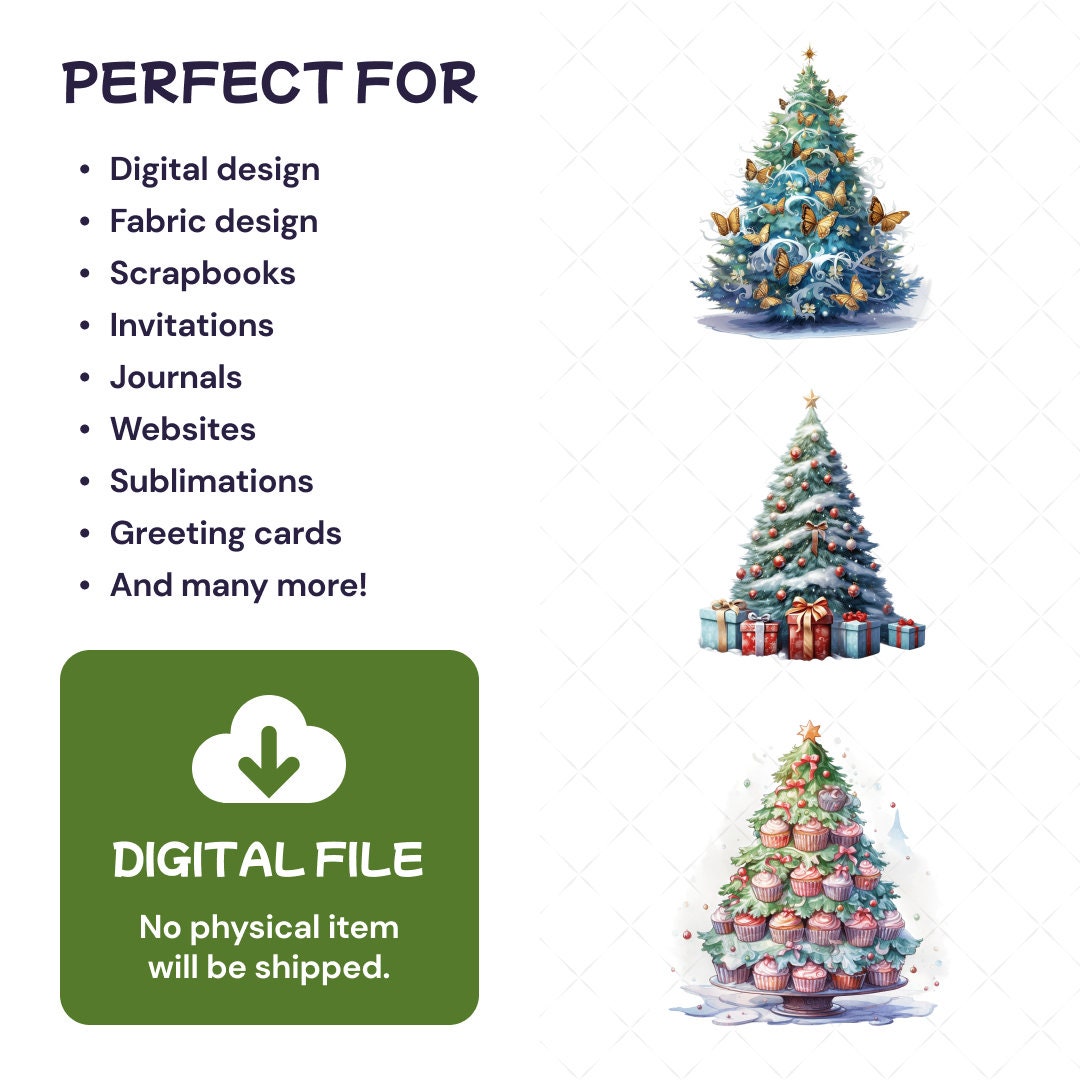 Christmas Trees Clipart, Cute Winter Watercolor PNG Bundle, Kawaii Xmas ...