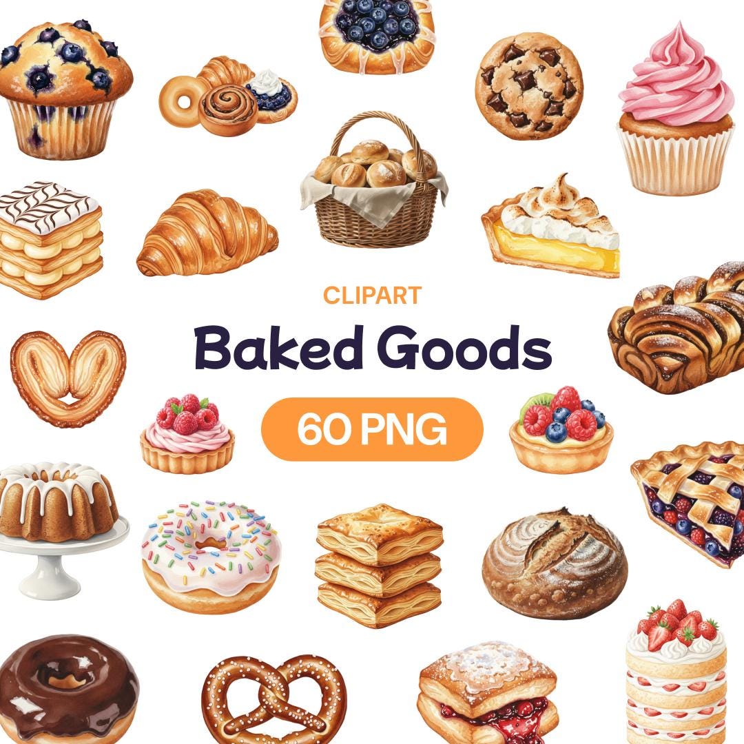 Baked Goods Clipart, Watercolor Pastry PNG, Bakery Bundle, Bread and ...