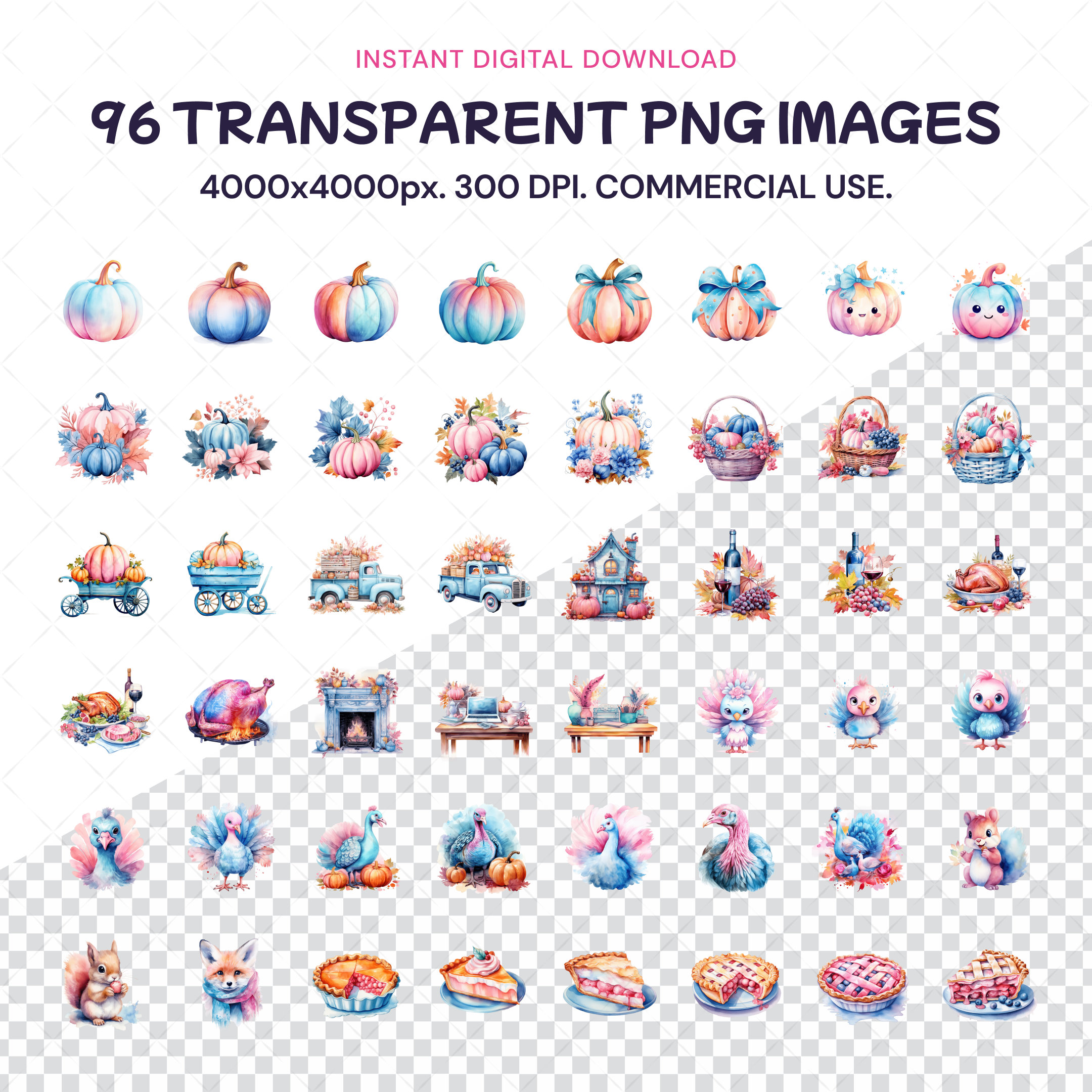 Pastel Thanksgiving Clipart, Cute Watercolor Turkey PNG Bundle, Autumn ...