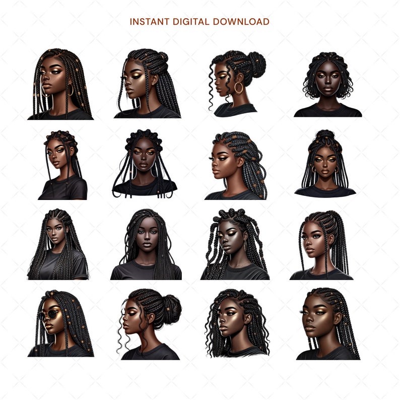 Black Female Knotless Braids Clipart, Watercolor African American Woman ...