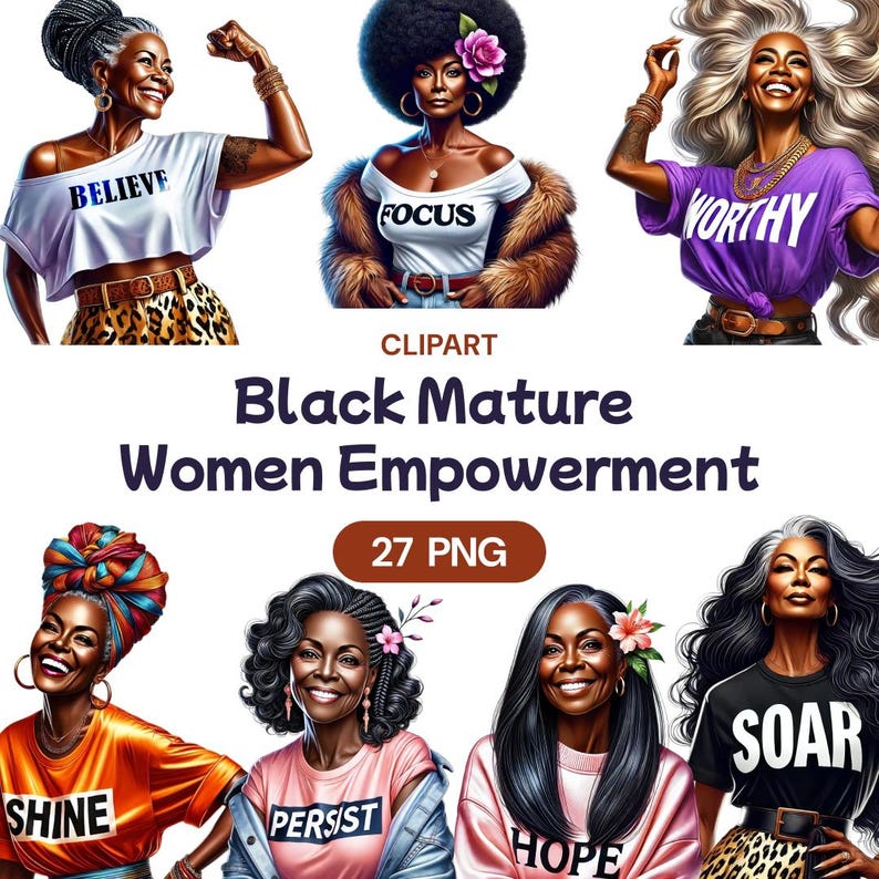 Black Mature Women Empowerment Streetwear Clipart, Watercolor African ...
