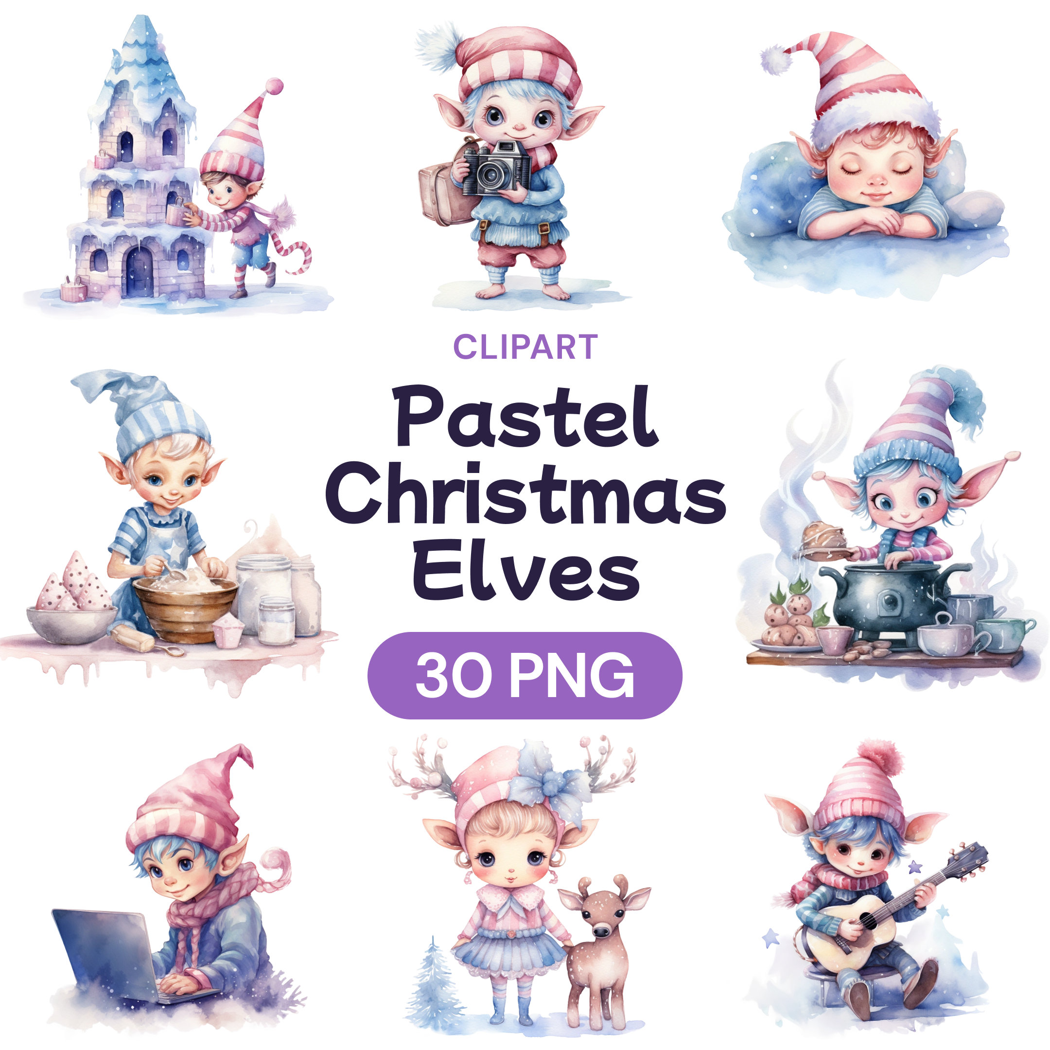 Pastel Christmas Elf Clipart, Cute Watercolor Xmas Elves PNG Bundle ...