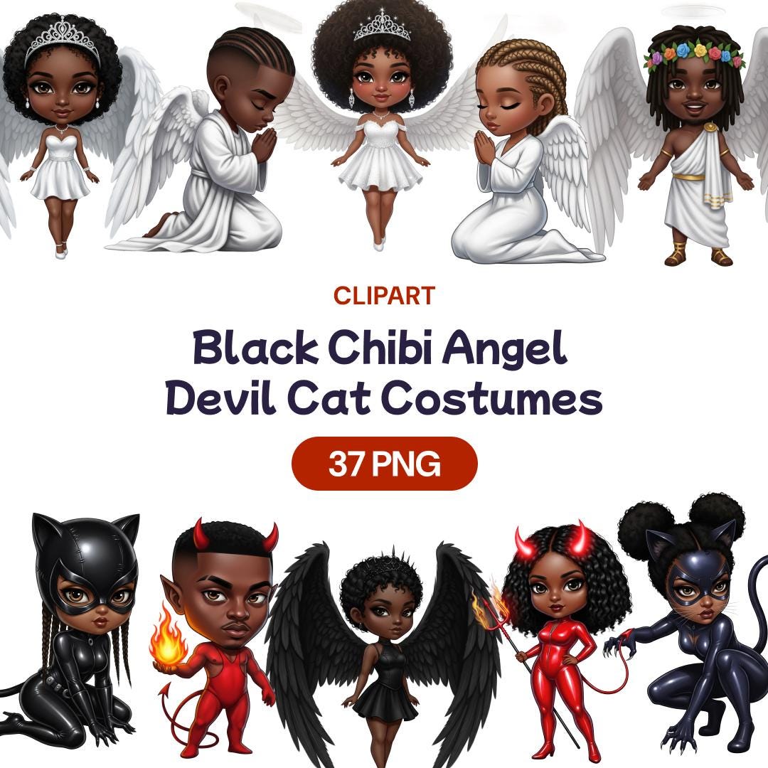 Black Chibi Angel Devil Cat Costumes Clipart, Cute African American ...