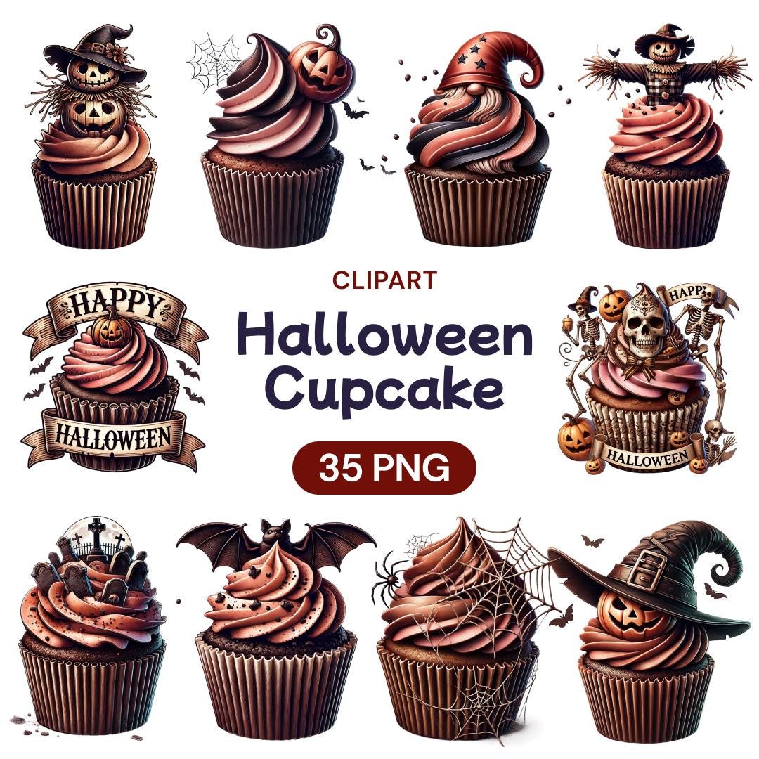 Halloween Cupcake Clipart, Spooky Watercolor Cake Toppers PNG Bundle ...
