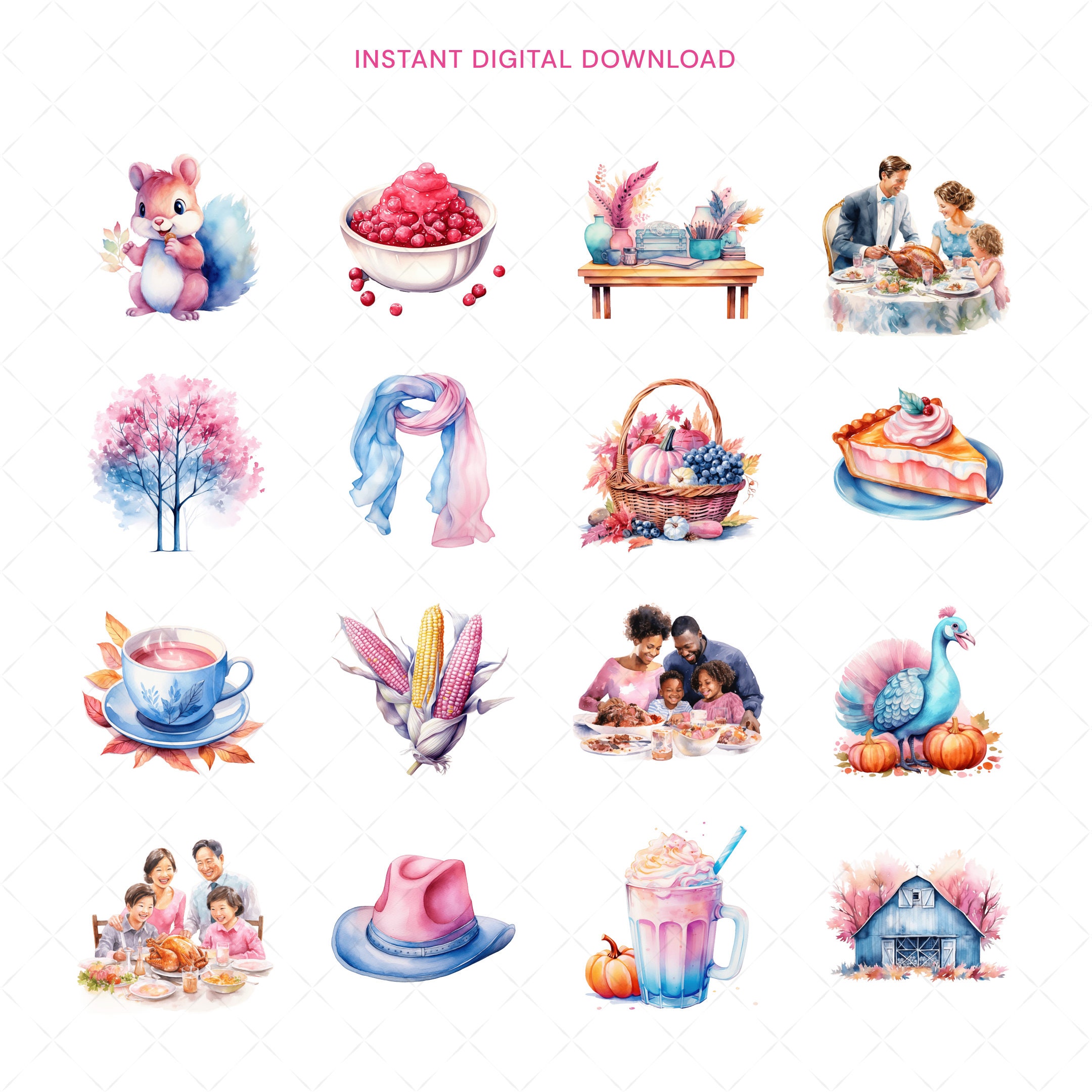 Pastel Thanksgiving Clipart, Cute Watercolor Turkey PNG Bundle, Autumn ...