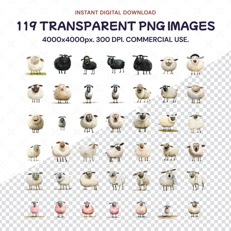 Funny Sheep Clipart, Cute Watercolor Quirky Farm Animal, PNG Digital ...