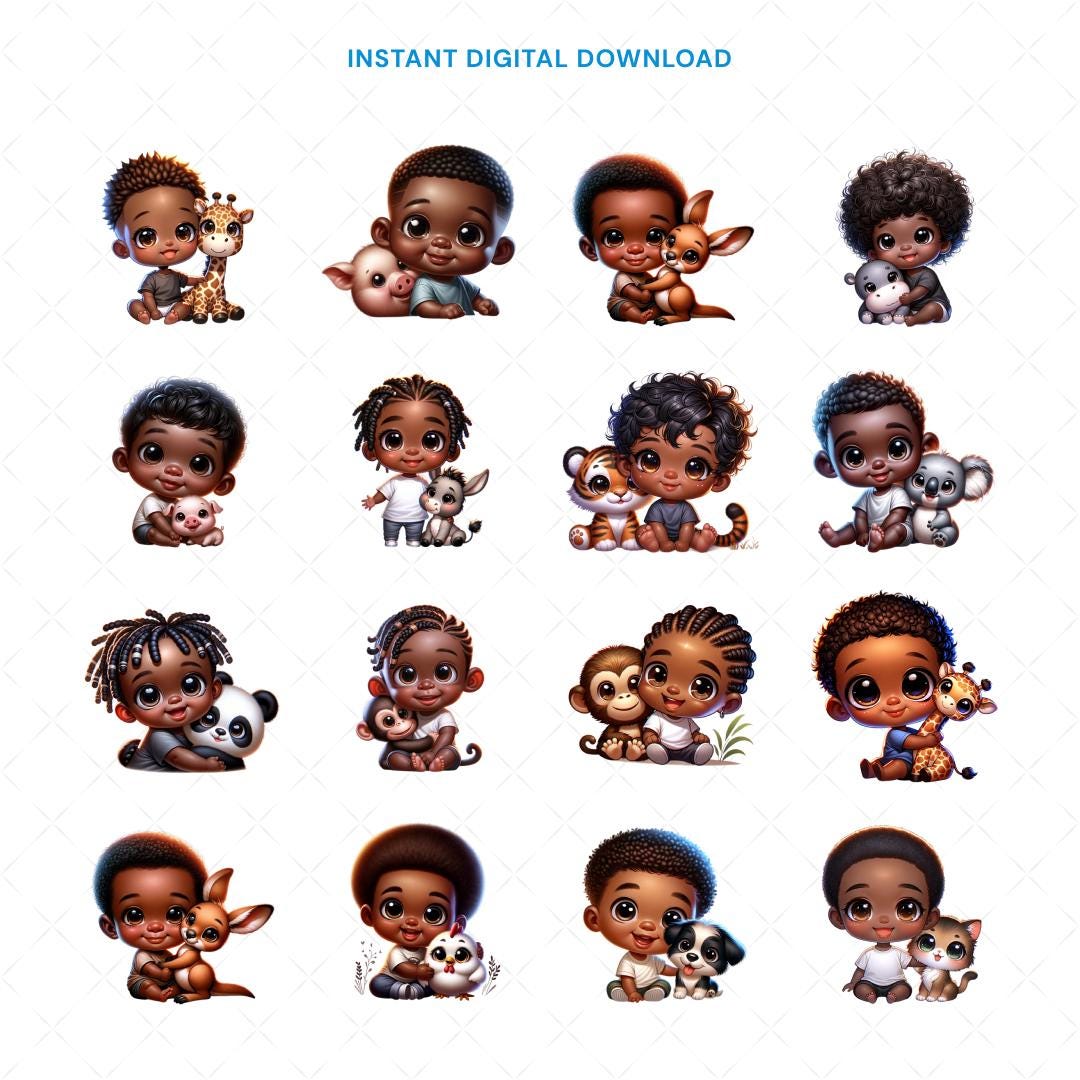 Cute Black Baby Boy With Animals Clipart, Kawaii Watercolor African ...