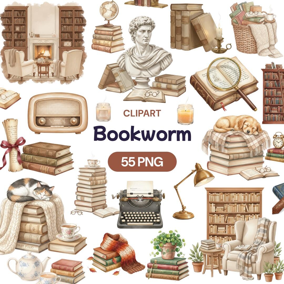Cozy Bookworm Clipart, 55 Watercolor Library PNG, Vintage Bookshelf ...