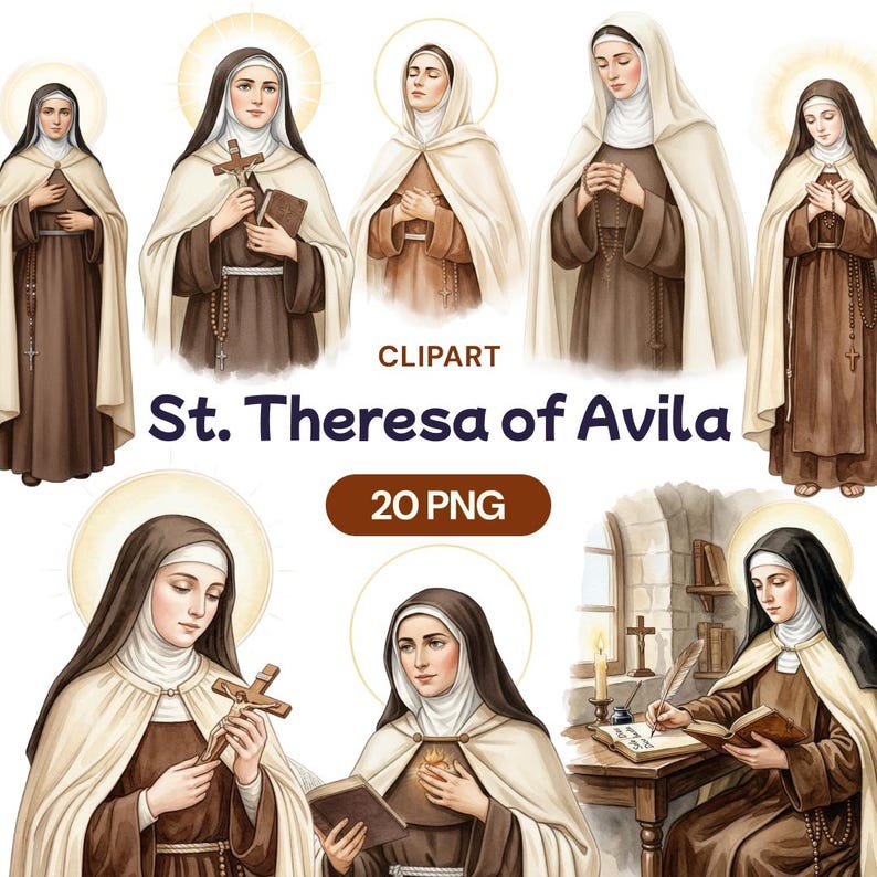 St Theresa of Avila Clipart, Watercolor Catholic Saint PNG, Carmelite ...