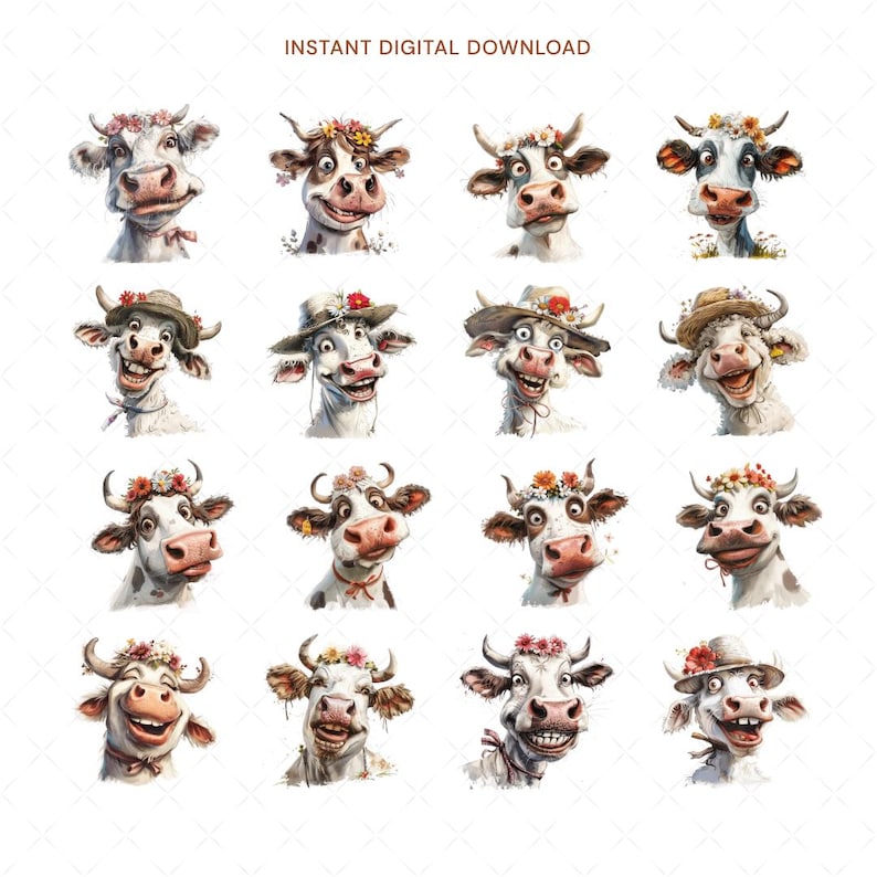 Quirky Cow Clipart, Cute Watercolor Funny Farm Animal PNG, Adorable ...