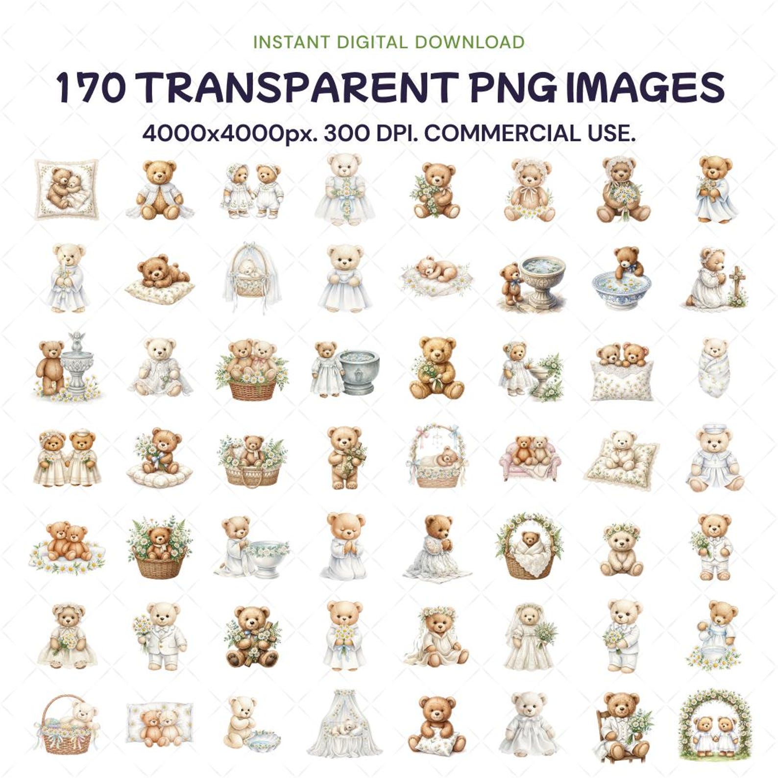 Teddy Bear Baptism Clipart, Watercolor Christening PNG, Daisy Cross ...