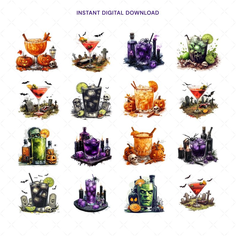 Watercolor Halloween Cocktail Clipart, Creepy Martini Drink Bar PNG ...