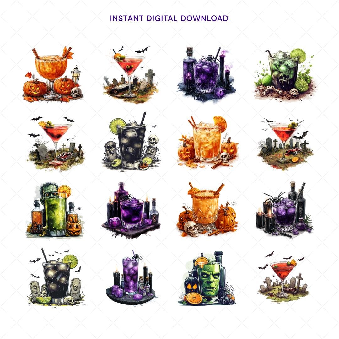 Watercolor Halloween Cocktail Clipart, Creepy Martini Drink Bar PNG ...