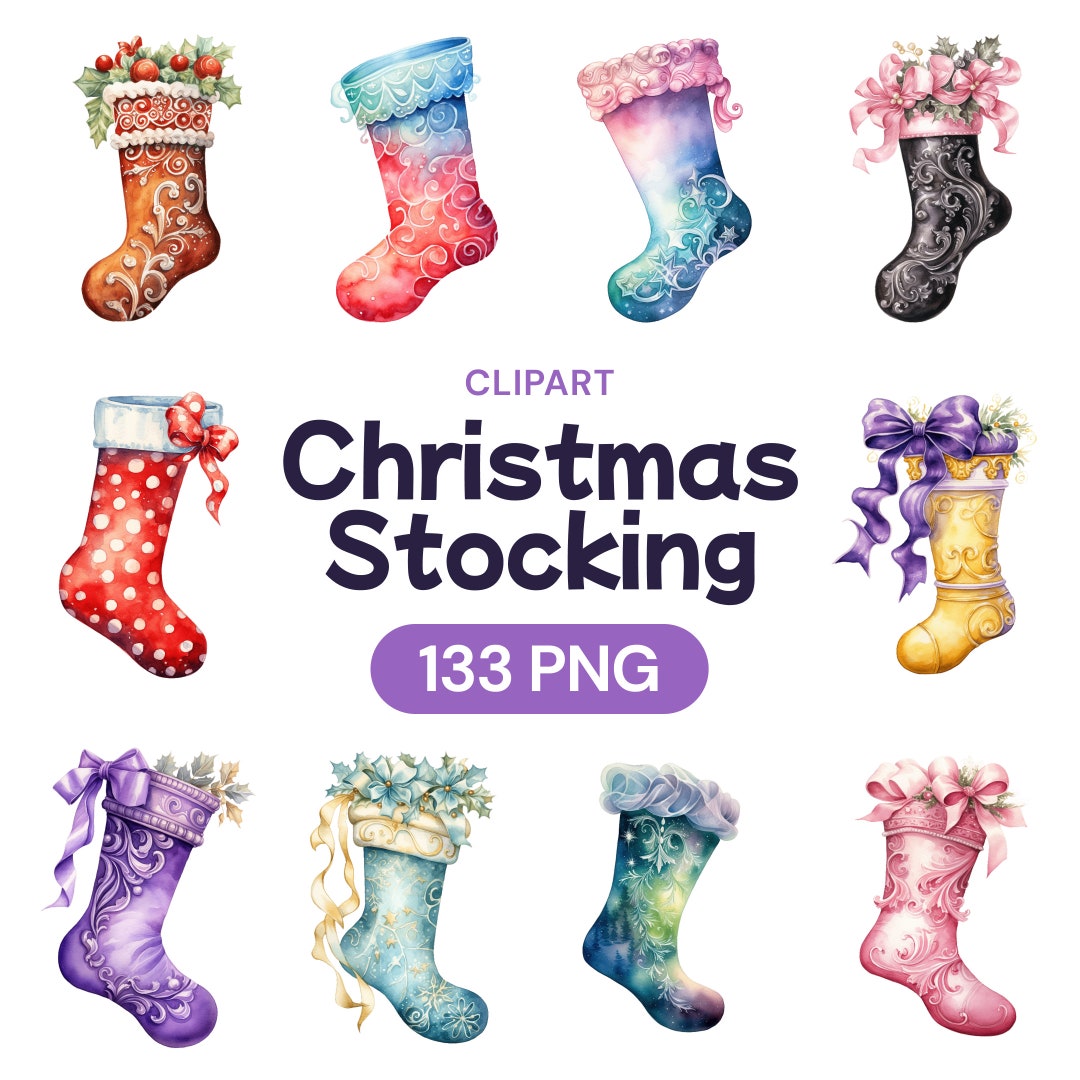 Christmas Stocking Clipart, Cute Watercolor Xmas Socks PNG Bundle ...