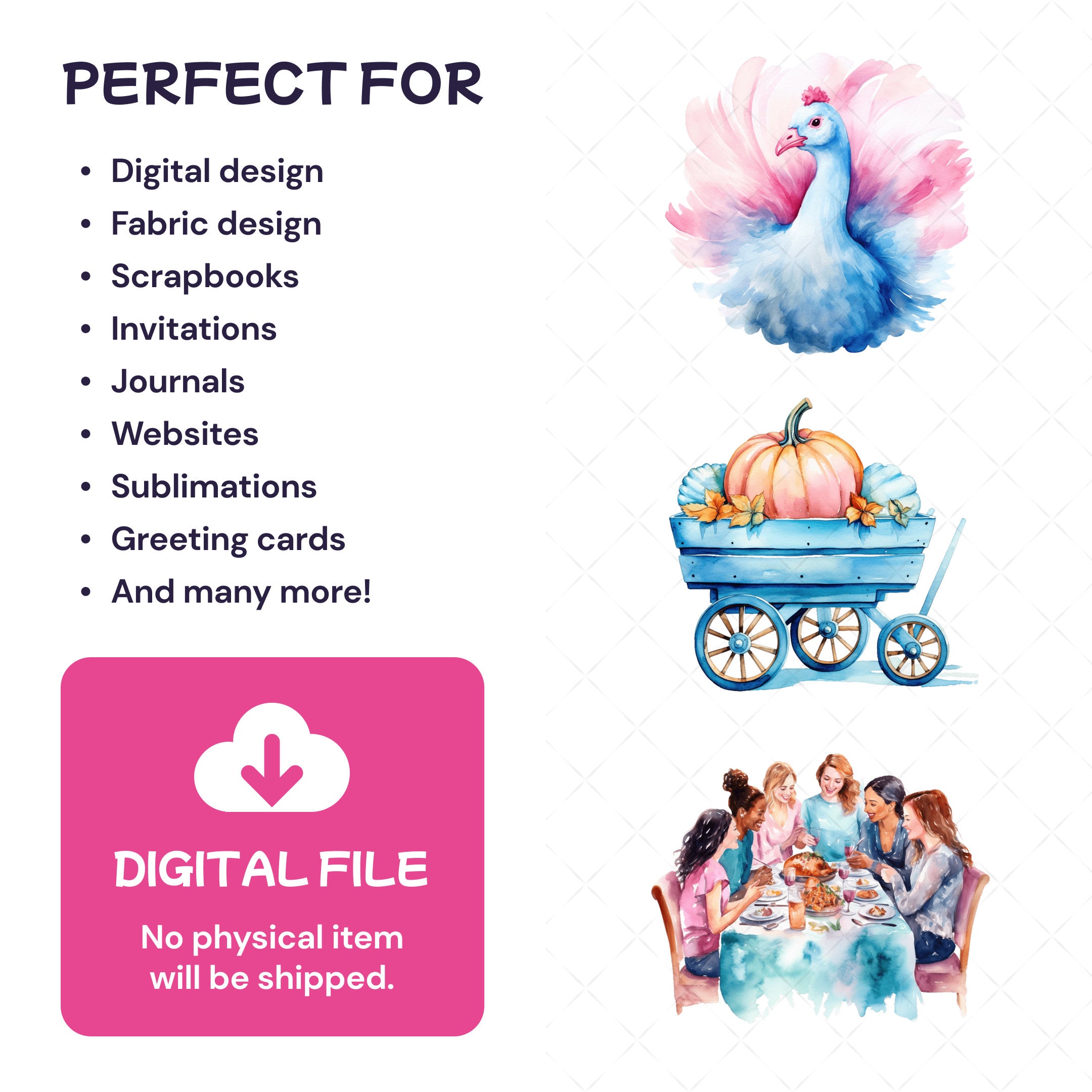 Pastel Thanksgiving Clipart, Cute Watercolor Turkey PNG Bundle, Autumn ...