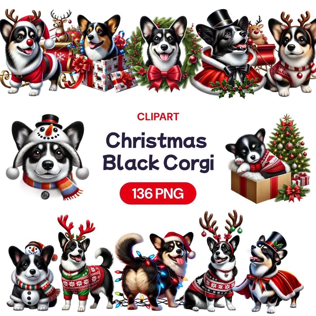 Christmas Black Corgi Clipart, Watercolor Cute Baby Dog PNG, Kawaii Pet ...