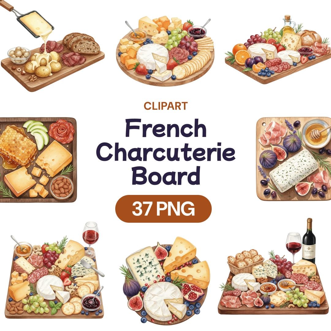 French Charcuterie Board Clipart, Watercolor Cheese Platter PNG ...