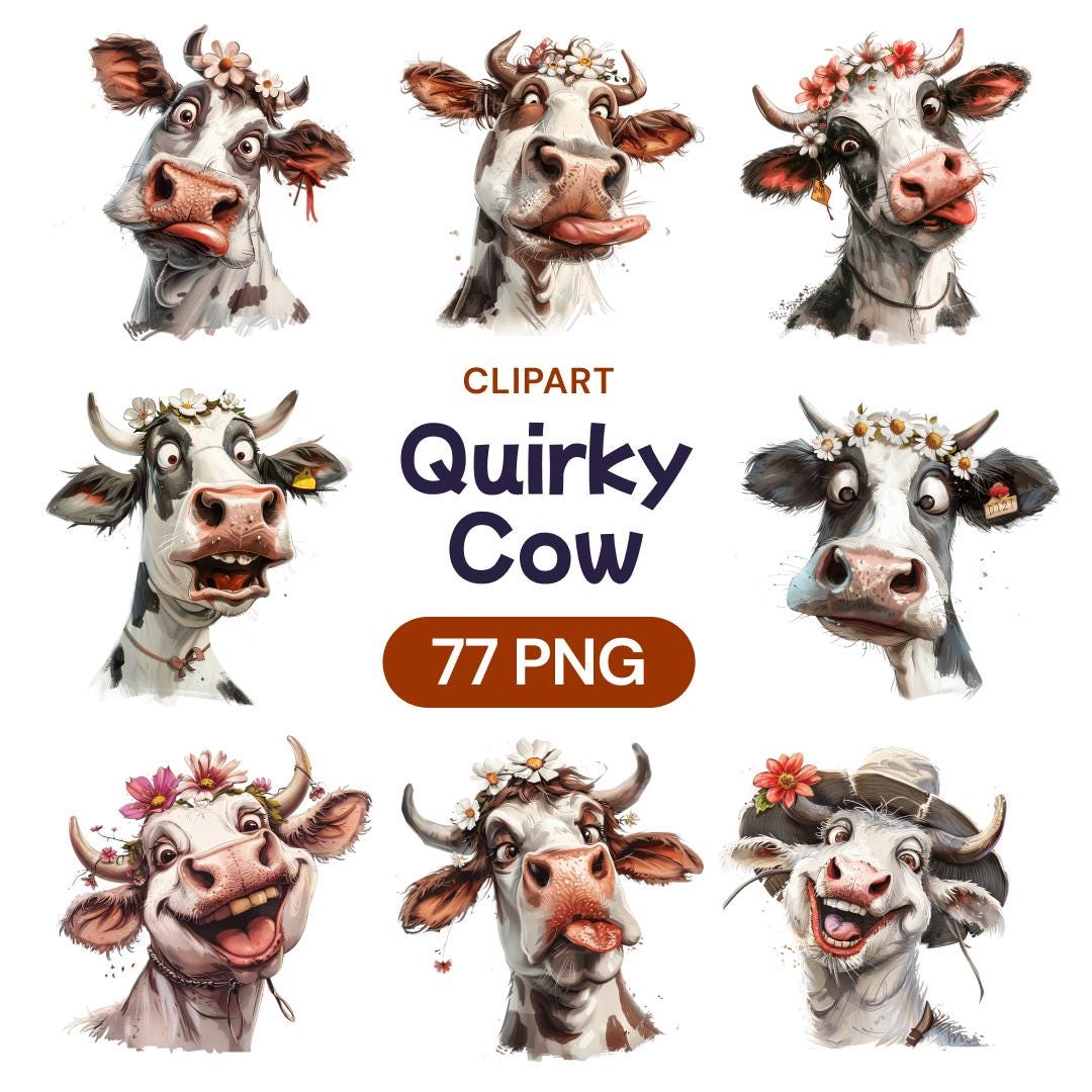 Quirky Cow Clipart, Cute Watercolor Funny Farm Animal PNG, Adorable ...