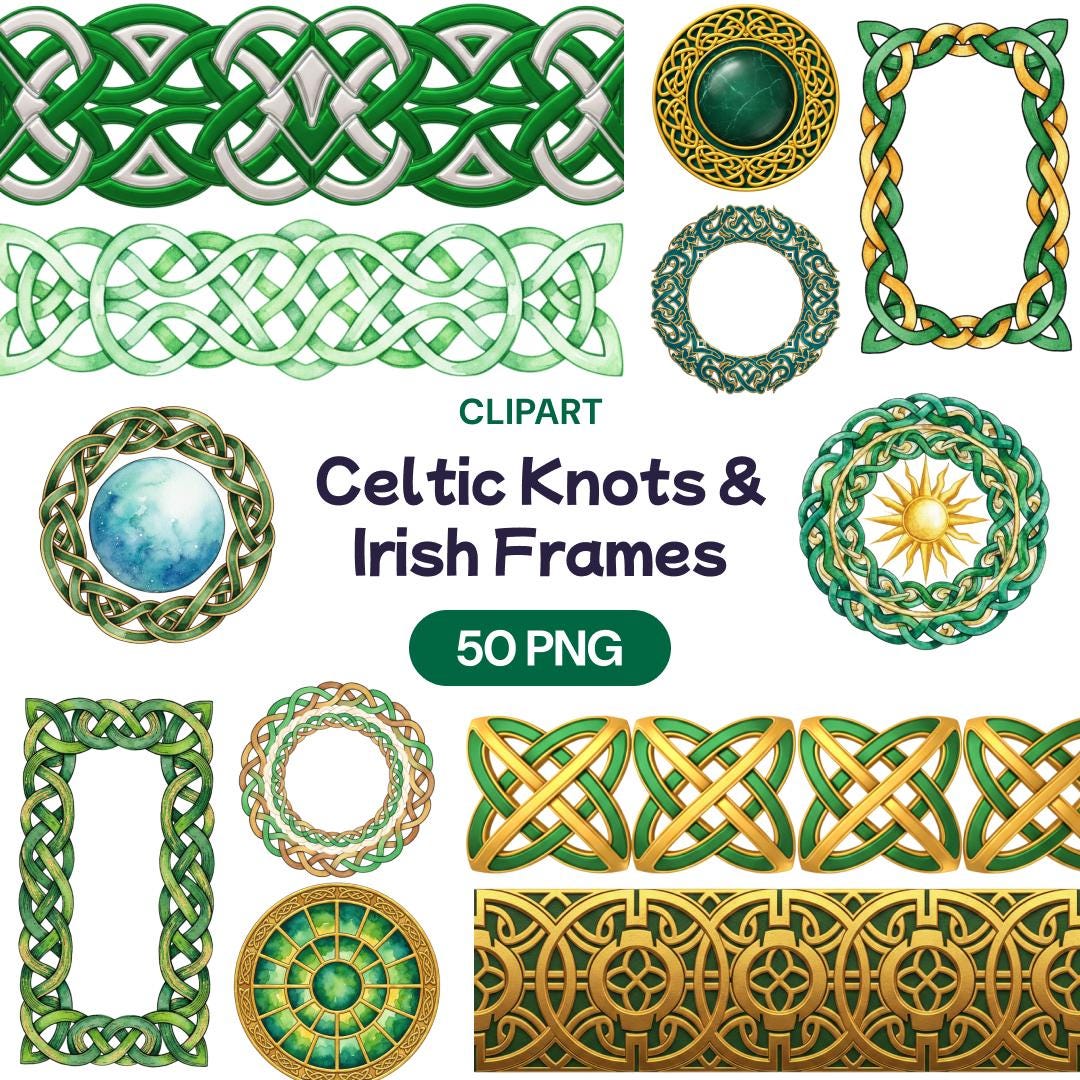 Celtic Knots Borders Clipart, 50 Green Gold Irish Wreaths PNG, St ...
