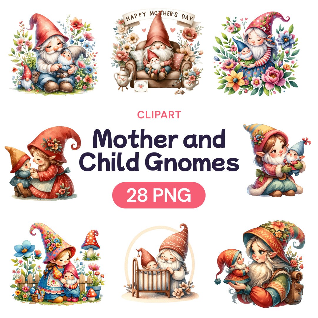 Mother and Child Gnomes, Cute Watercolor Mother's Day PNG Digital ...