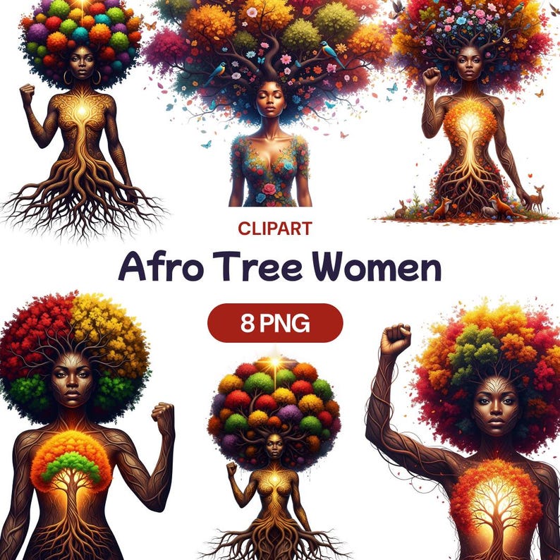 Afro Tree Women Clipart, Watercolor African American Vibrant Black Girl ...