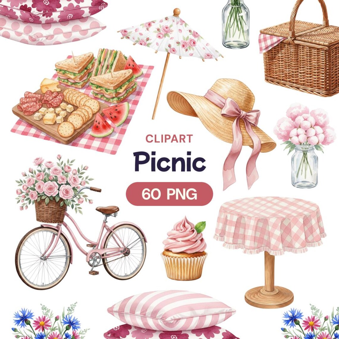 Picnic Clipart Bundle, Watercolor Spring Food PNG, Summer Outdoor Party ...