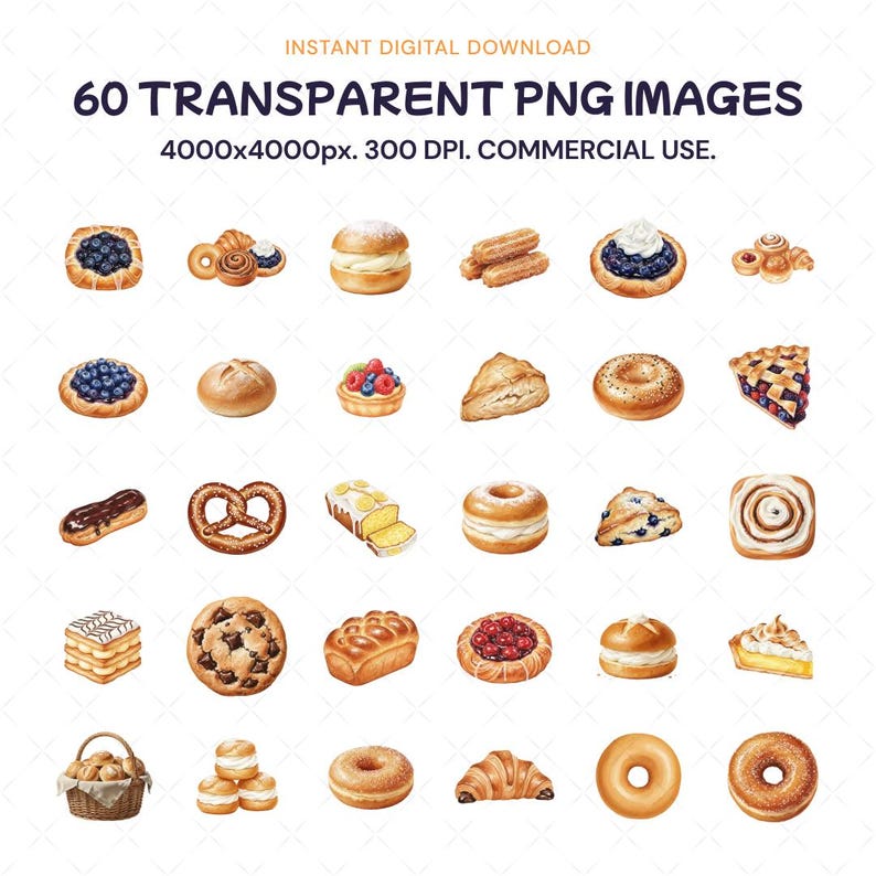 Baked Goods Clipart, Watercolor Pastry PNG, Bakery Bundle, Bread and ...