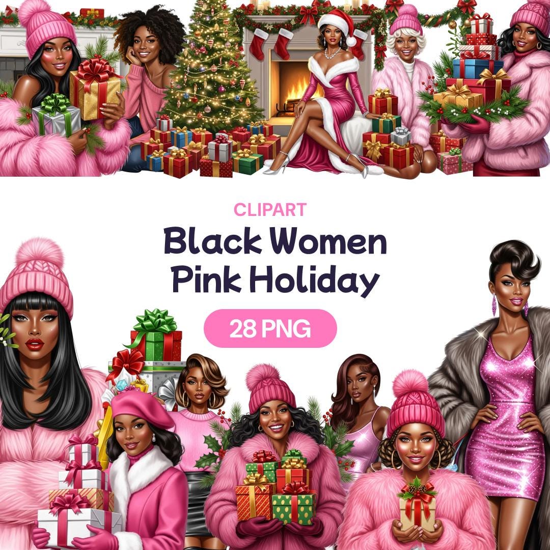 Black Women Pink Holiday Clipart PNG, African American Cozy Christmas ...