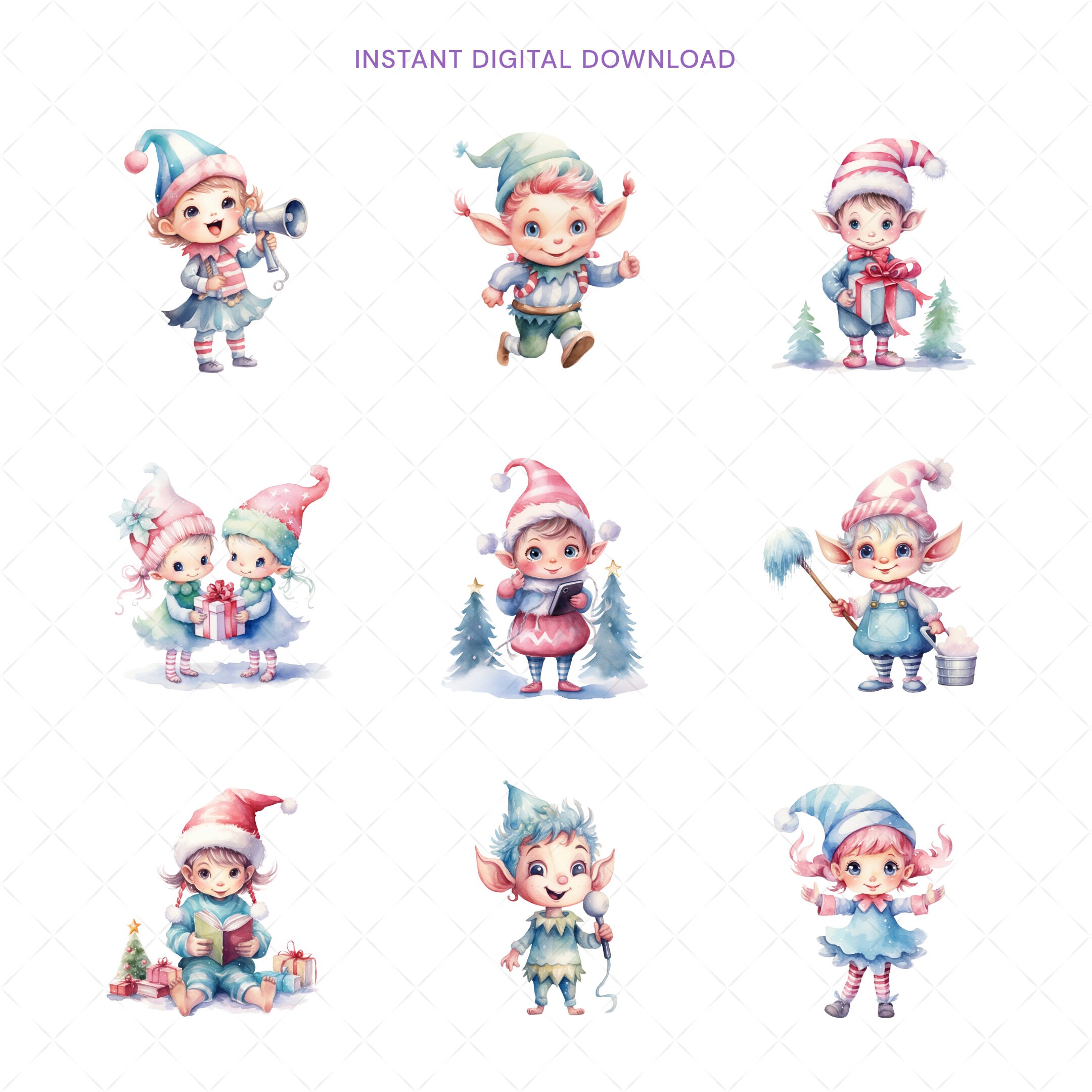Pastel Christmas Elf Clipart, Cute Watercolor Xmas Elves PNG Bundle ...
