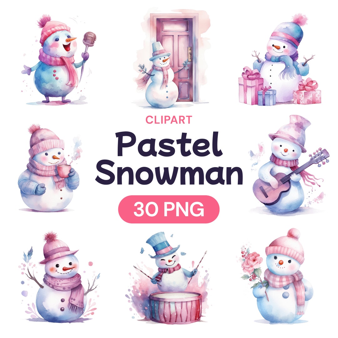 Pastel Christmas Snowman Clipart, Cute Winter Watercolor PNG Bundle ...