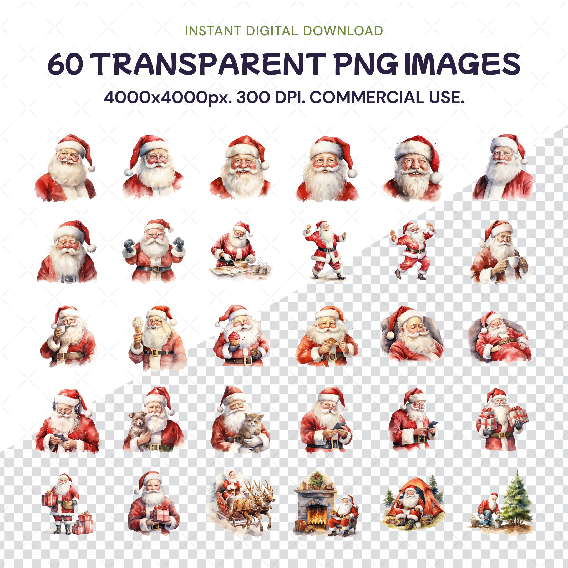 Watercolor Santa Claus Clipart, Cute Christmas Smiling Father and Mrs ...