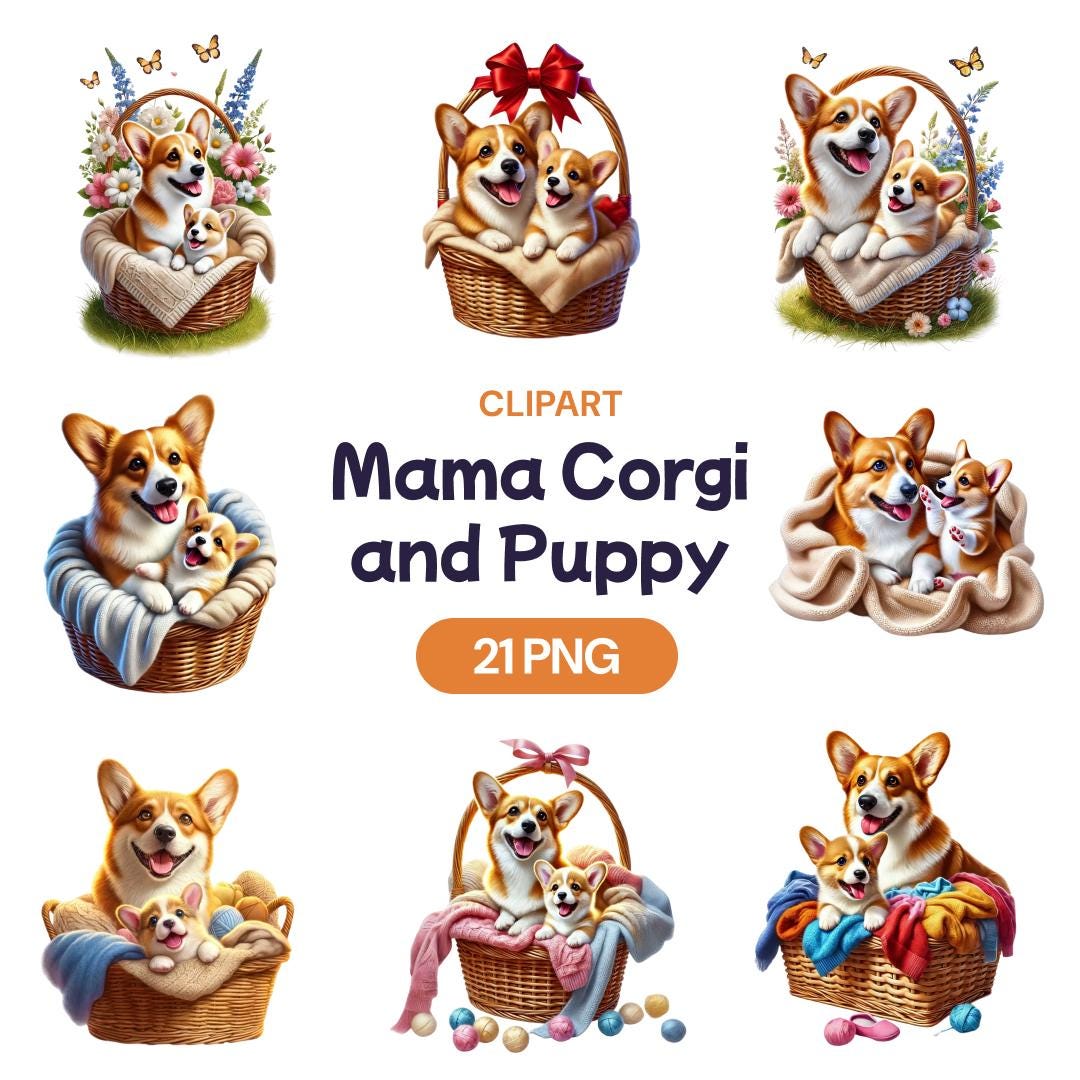 Mama Corgi and Puppy Clipart, Cute Watercolor Mother's Day PNG Digital ...