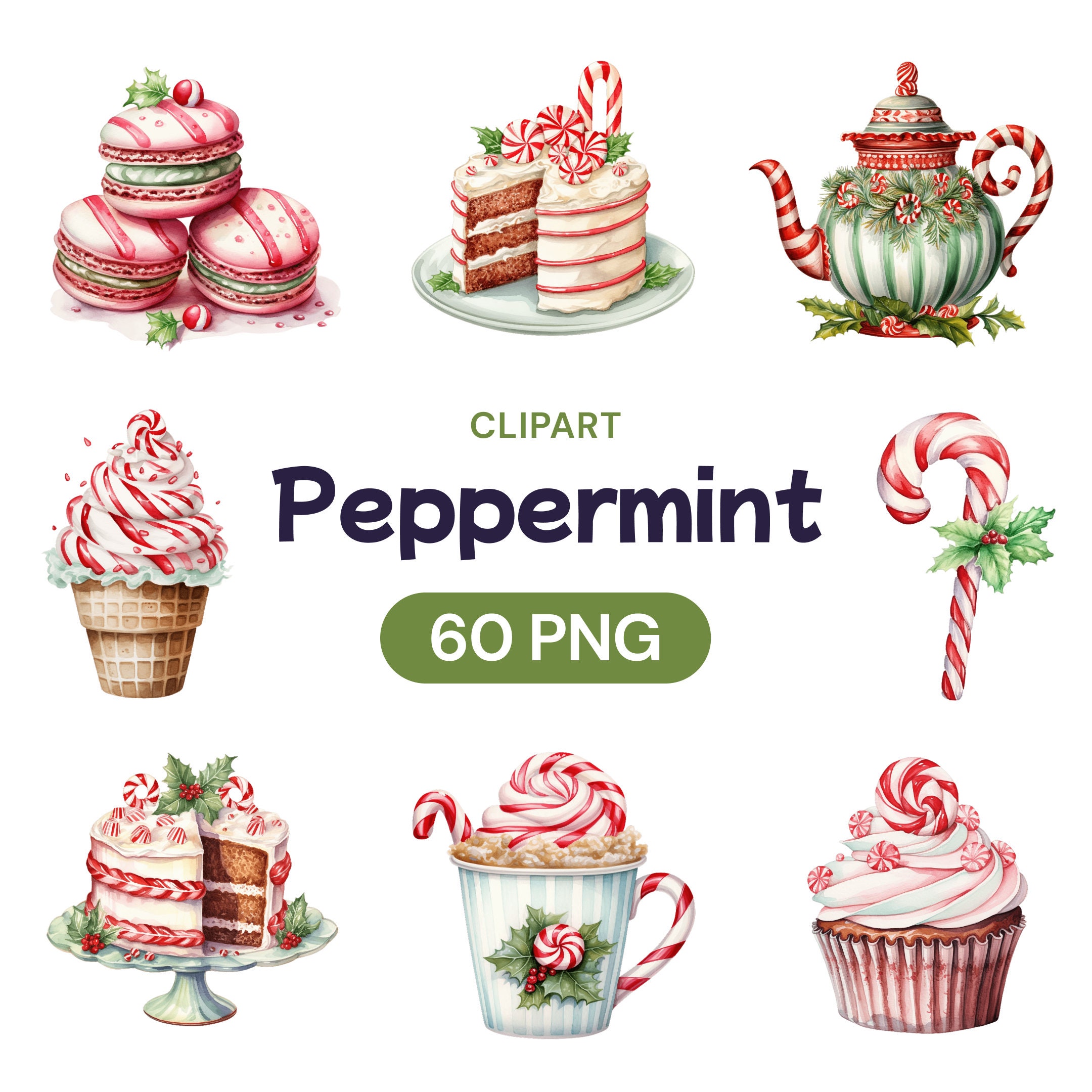 Watercolor Peppermint Clipart, Cute Christmas Candy Cane Bark ...