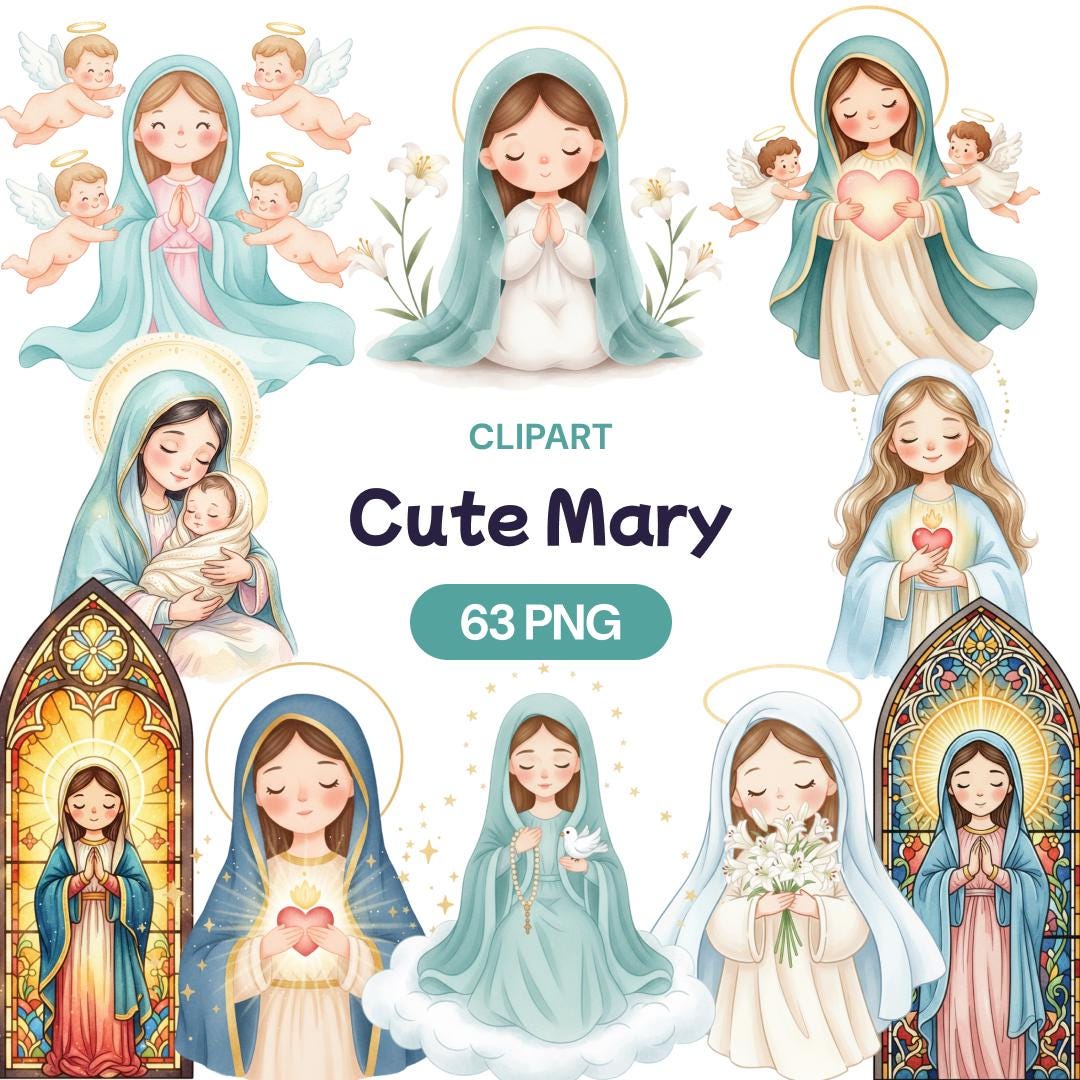 Cute Mary Clipart, Watercolor Virgin Mary PNG, Mother of God Graphic ...