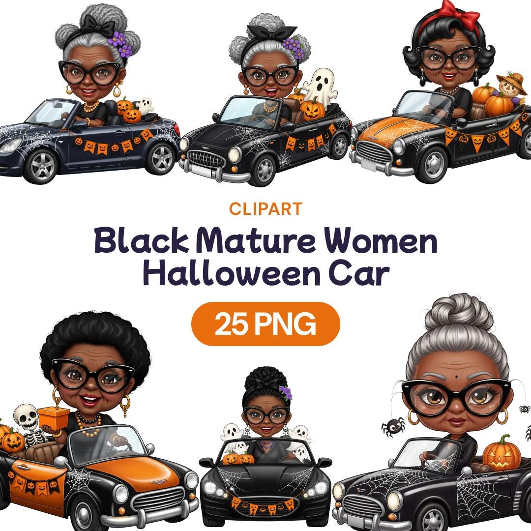 Black Mature Women Halloween Car Clipart, Watercolor African American ...