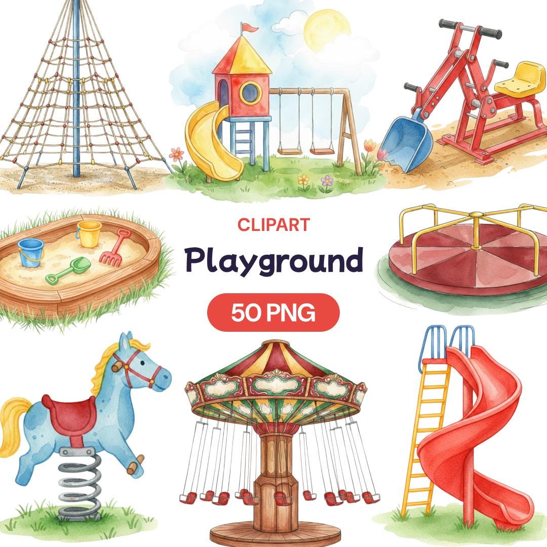 Playground Clipart, Watercolor Park PNG, Kids Recess Toy, Slide Swing ...