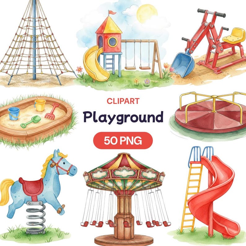 Playground Clipart, Watercolor Park PNG, Kids Recess Toy, Slide Swing ...