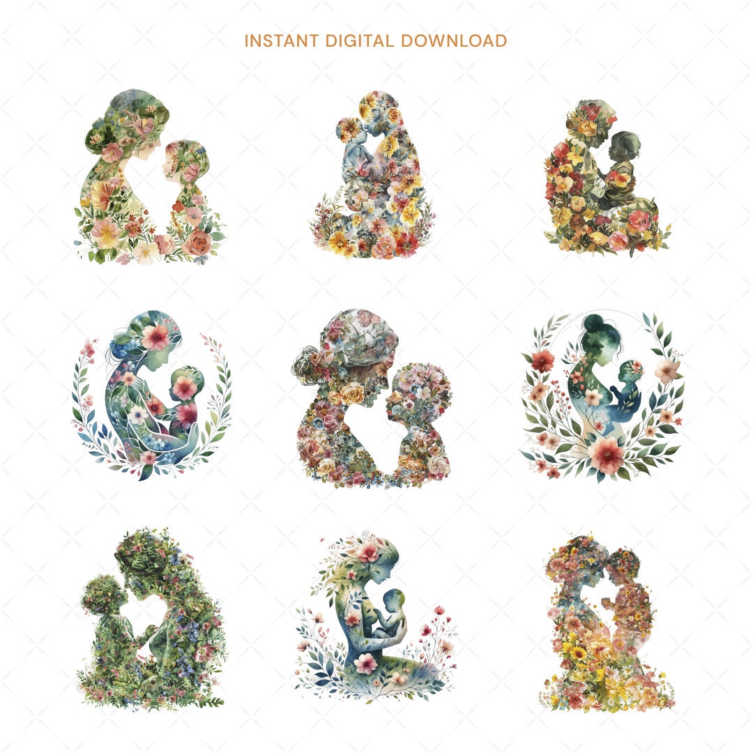 Floral Mom and Child Clipart, Lovely Watercolor Mother's Day PNG, Mom ...