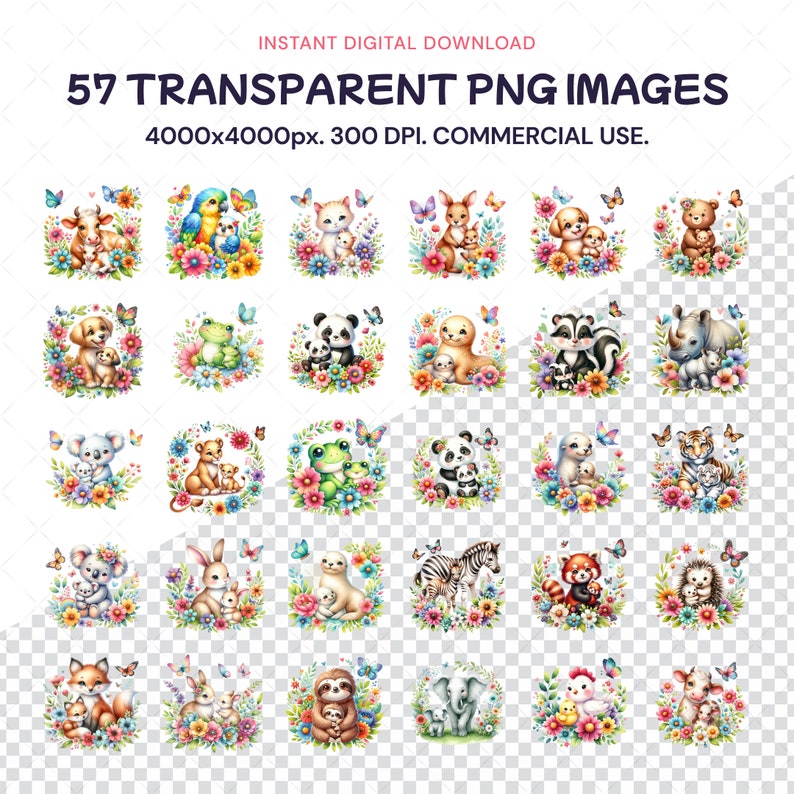 Mother and Baby Animals Clipart, Cute Watercolor Mother's Day PNG ...